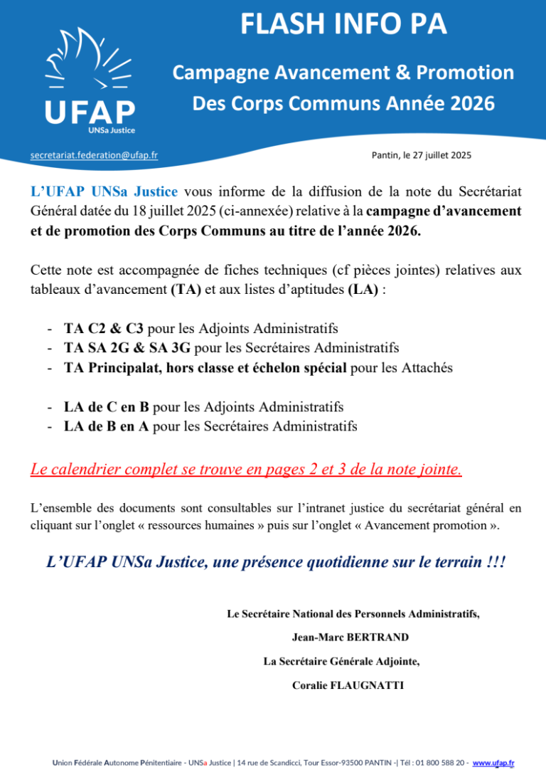 Flash Info PA UFAP UNSa Justice : Avancements et promotions des corps ...